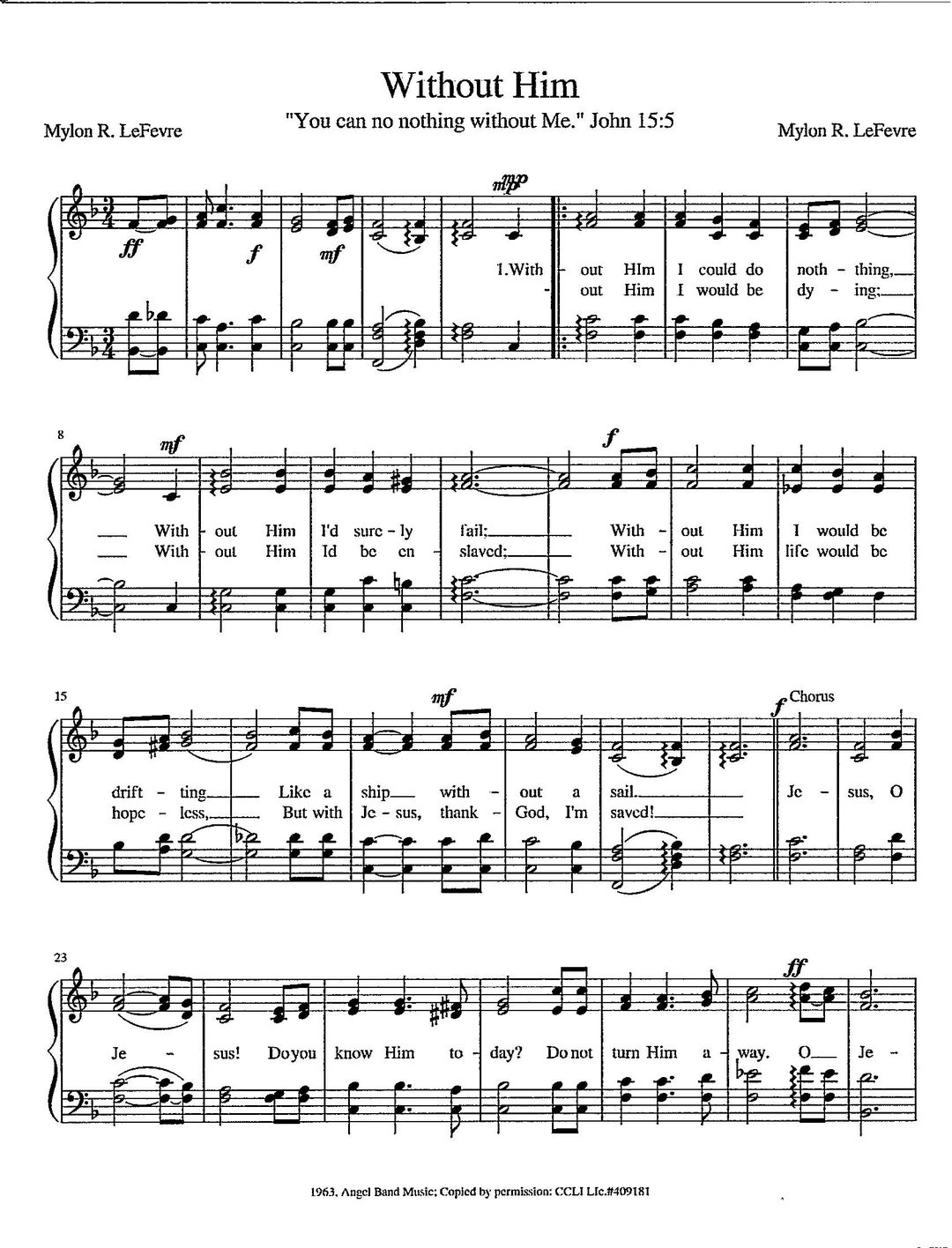 Without Him - Digital Download Hymn Tune for Piano Organ Voices - Key ...