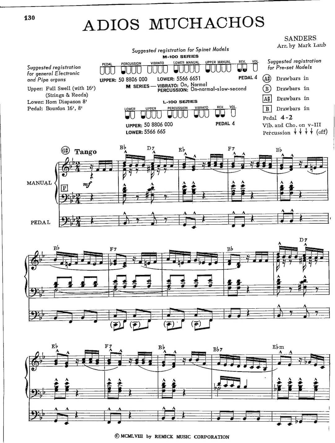 Adios Muchachos - Digital Organ Sheet Music Key of B Flat Early ...