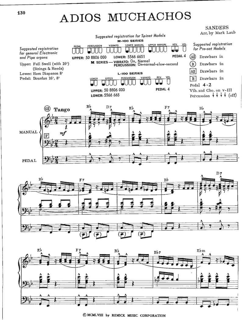 Adios Muchachos - Digital Organ Sheet Music Key of B Flat Early Advanced Level - Etsy