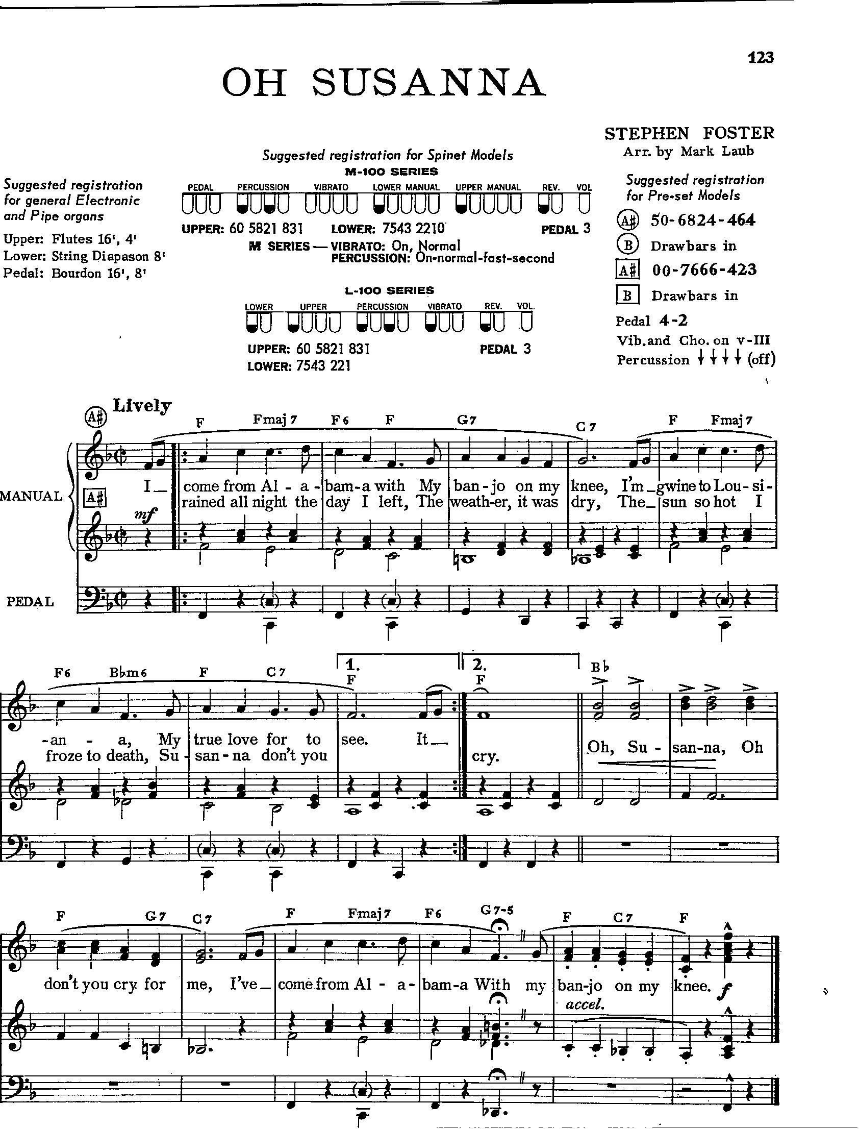 Oh Susanna - Digital Organ Sheet Music Key of F Intermediate Level - Etsy