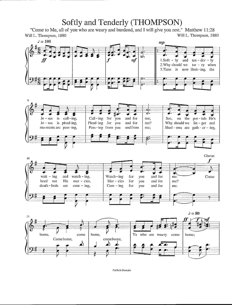 Softly and Tenderly - Digital Download Printable Hymn Sheet Music - Key ...