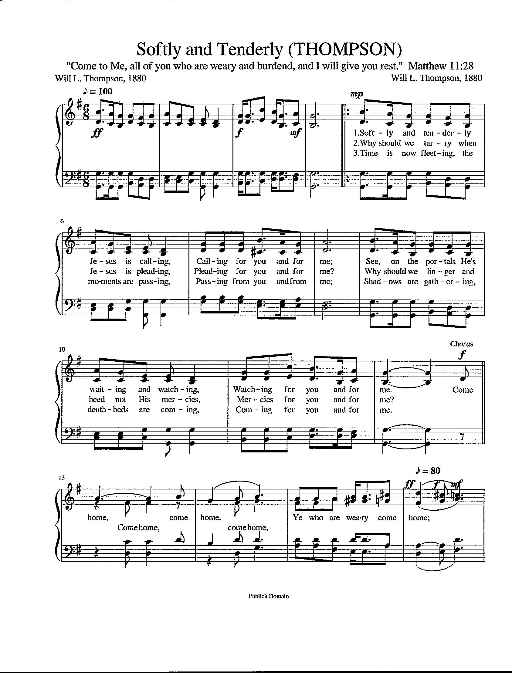 Softly and Tenderly - Digital Download Printable Hymn Sheet Music - Key ...