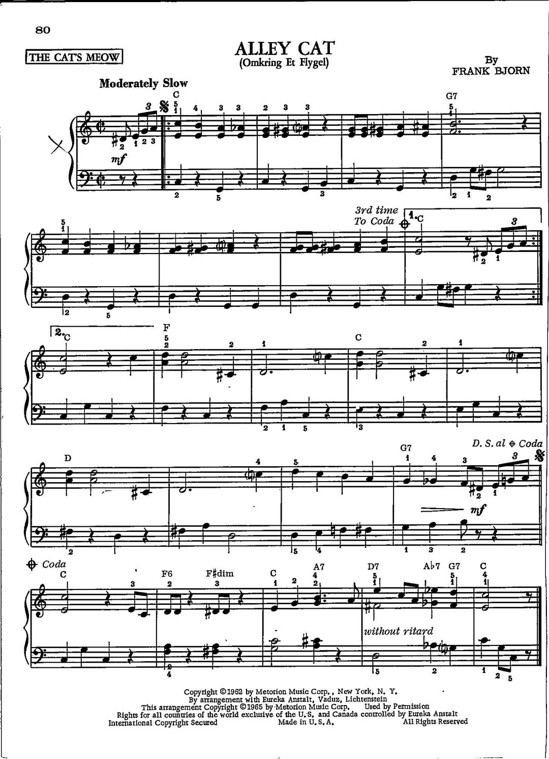 Alley Cat - Digital Sheet Music for Piano Organ Keyboards Guitar Key of ...