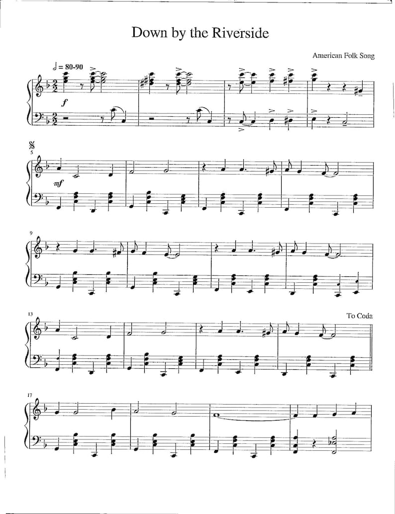 Down by the Riverside - Digital Download American Folk Song Piano Solo ...
