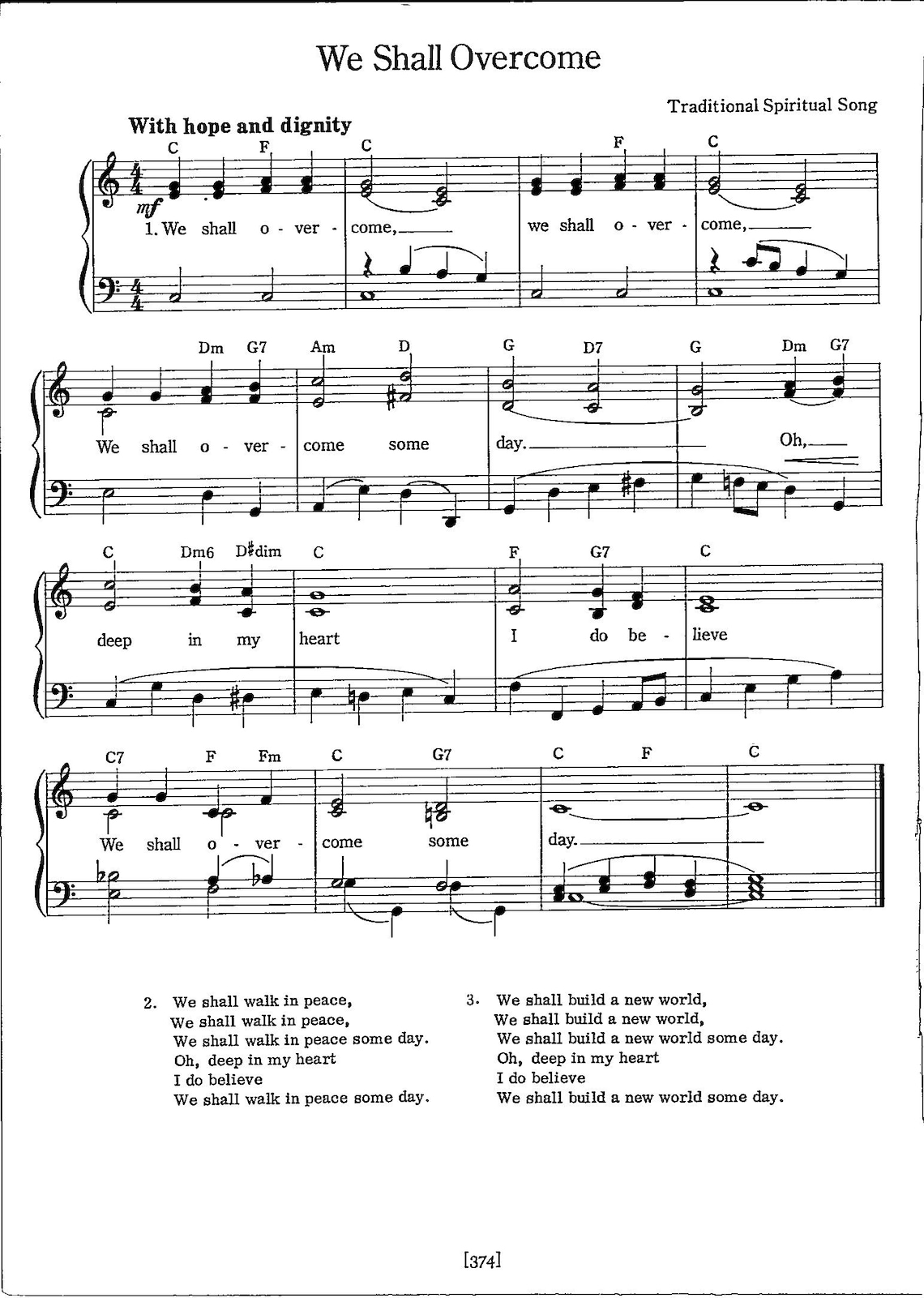 We Shall Overcome Sheet Music - Digital Traditional Spiritual Song - Key of C - Etsy