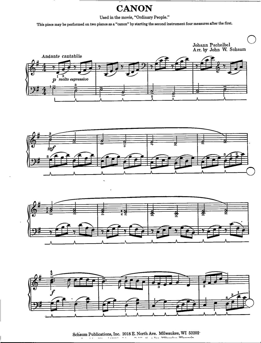 Canon by Pachelbel for Piano or Organ - Digital Printable - Etsy