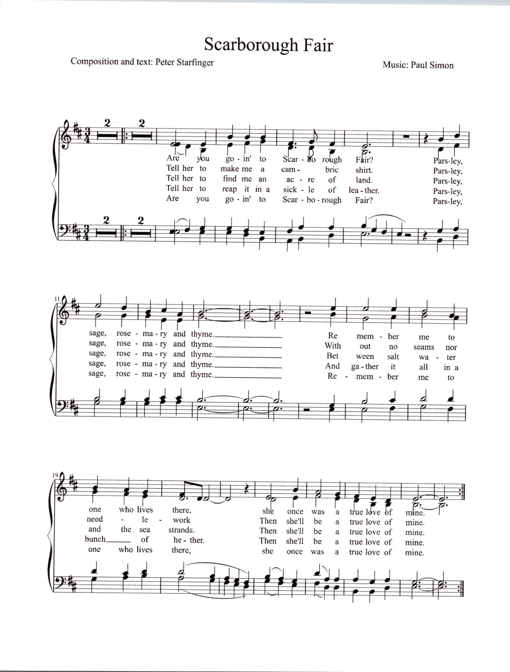 Scarborough Fair - Digital Arrangement Sheet Music - Key of D - Etsy
