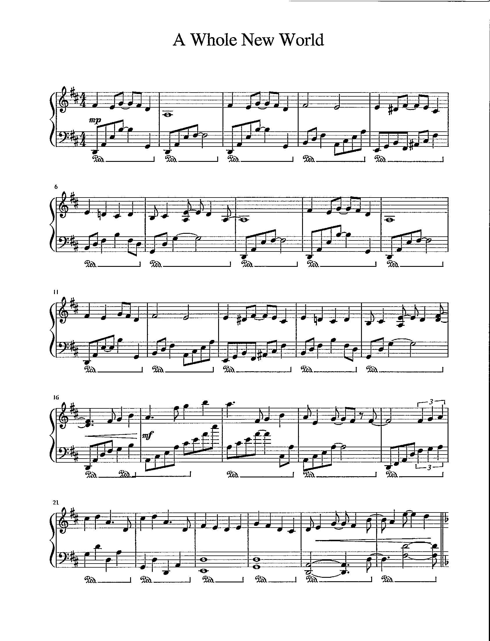 A Whole New World Digital Printable Piano Solo Intermediate Level - Etsy