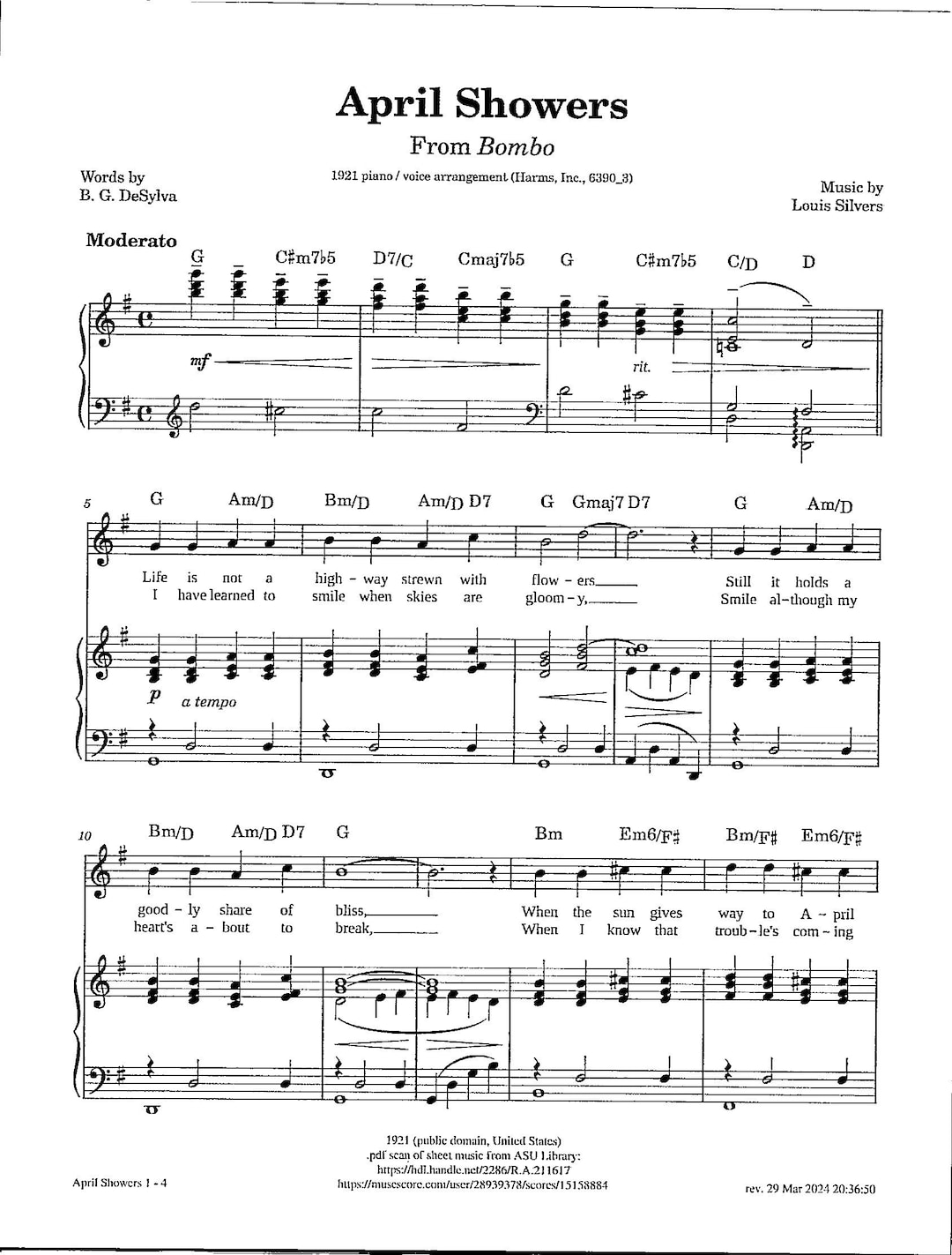 April Showers - Digital Download Complete Sheet Music With Verse and ...