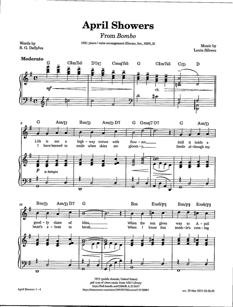 April Showers - Digital Download Complete Sheet Music With Verse and ...