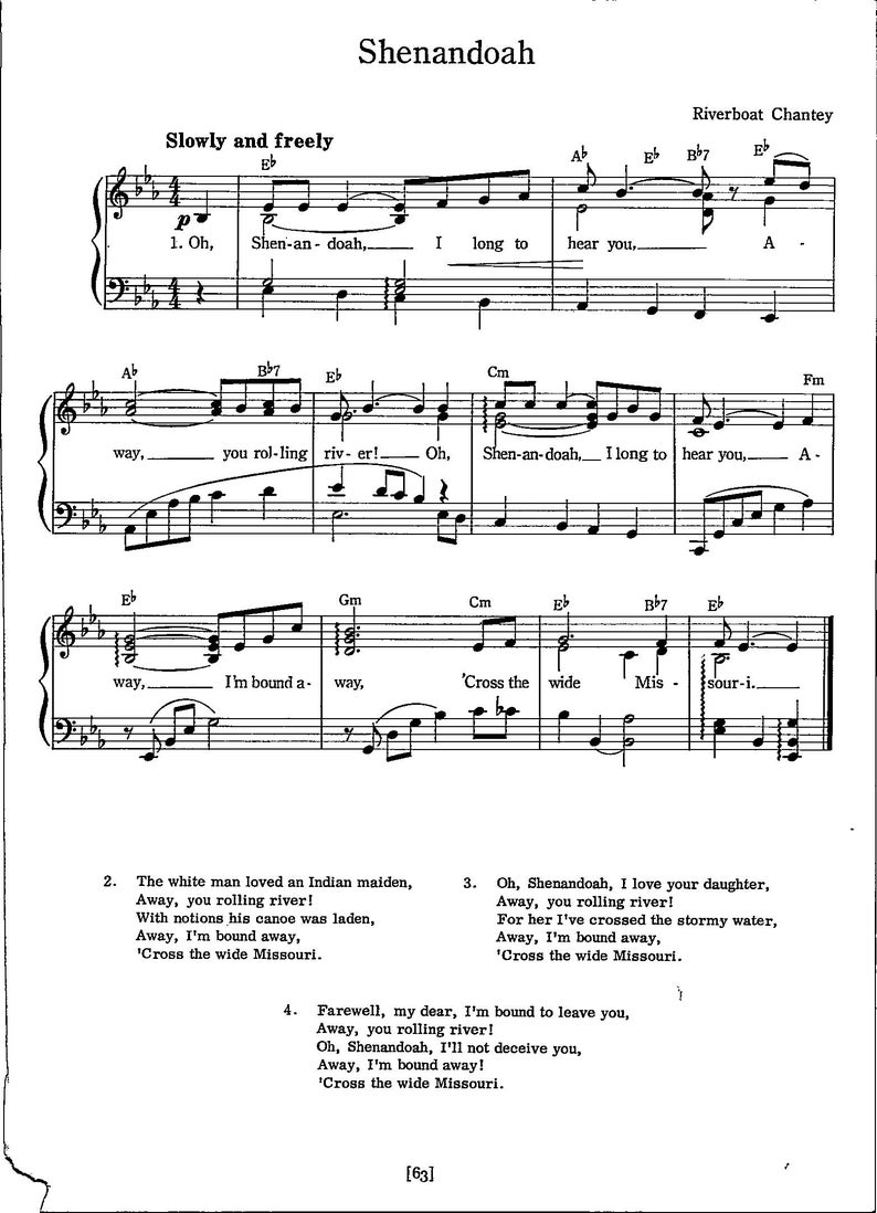 Shenandoah Sheet Music - Digital Riverboat Chantey - Key of E Flat - Etsy