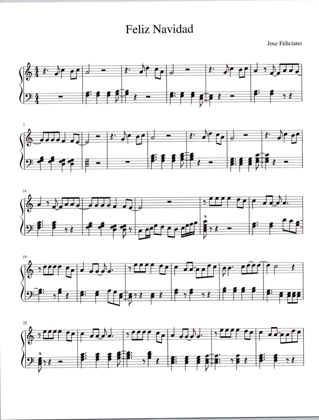 Feliz Navidad Piano Solo - Digital Sheet Music - Intermediate Level Key ...