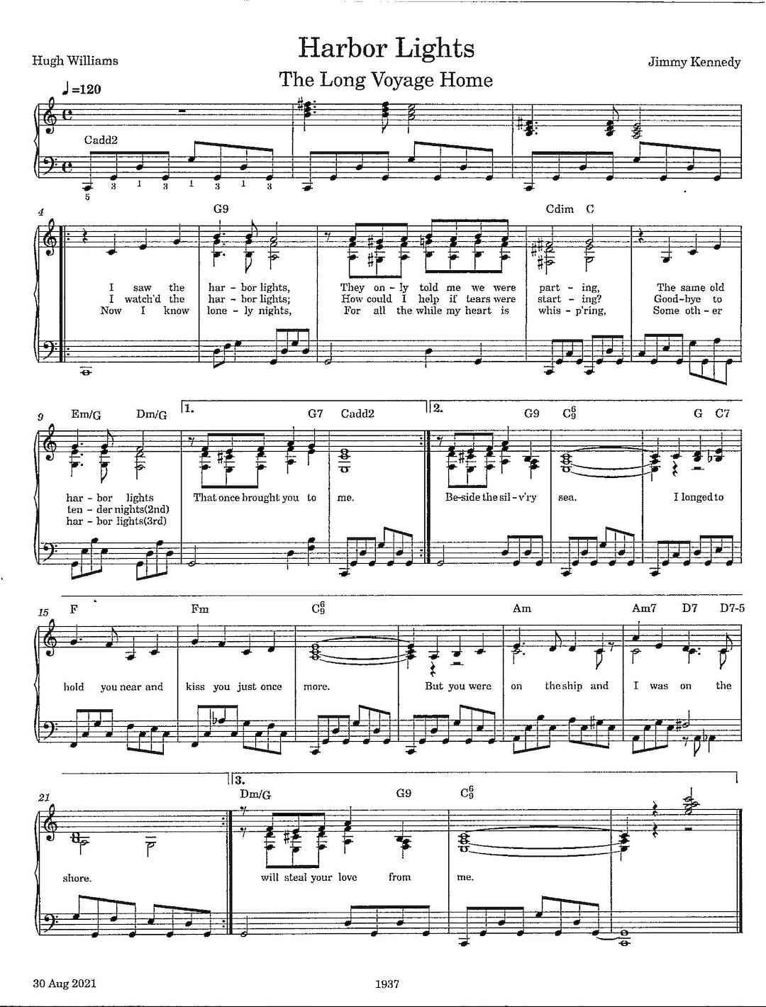 Harbor Lights - Digital Piano Sheet Music With Lyrics - Key of C - Etsy