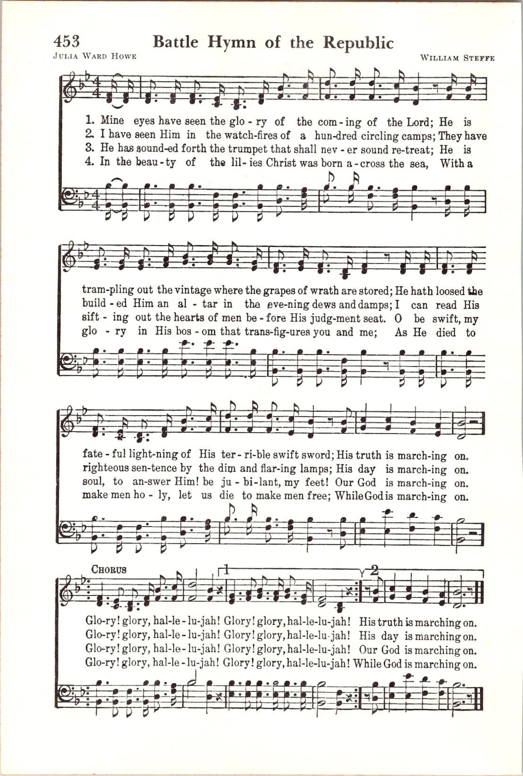 Battle Hymn Of The Republic Digital Hymn Sheet Music Key Of B Flat Etsy