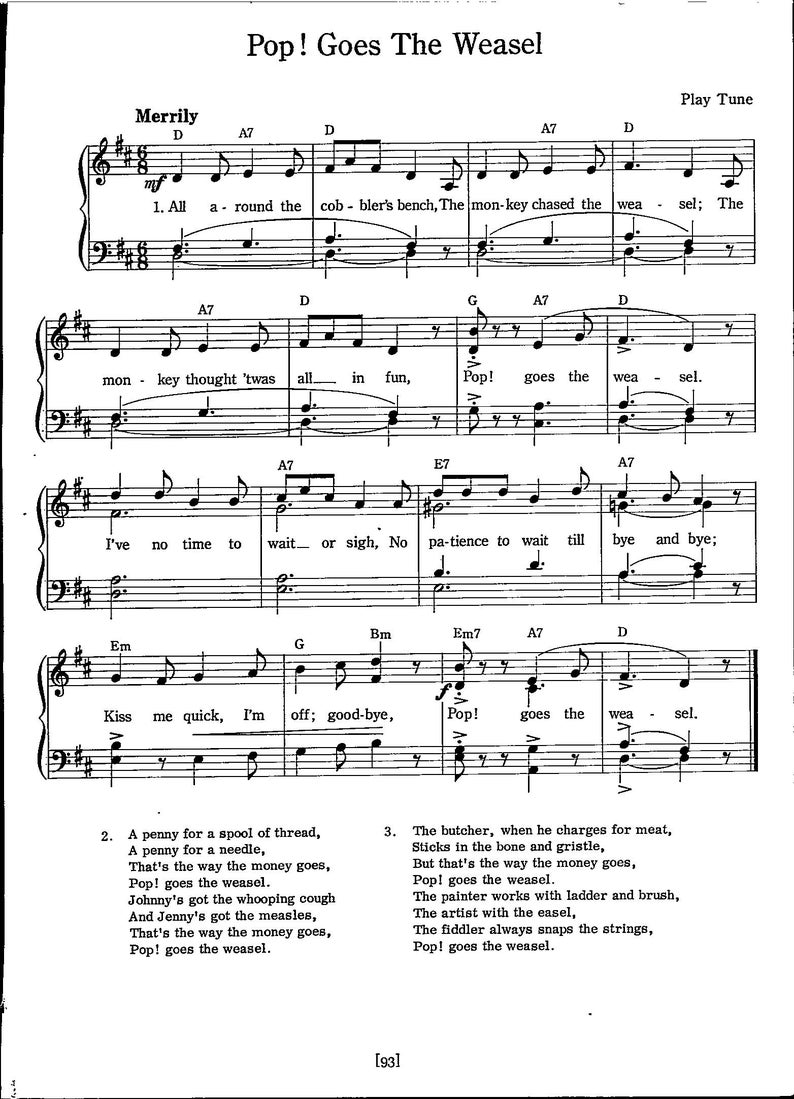 Pop! Goes the Weasel Sheet Music - Digital Play Tune - Key of D - Etsy