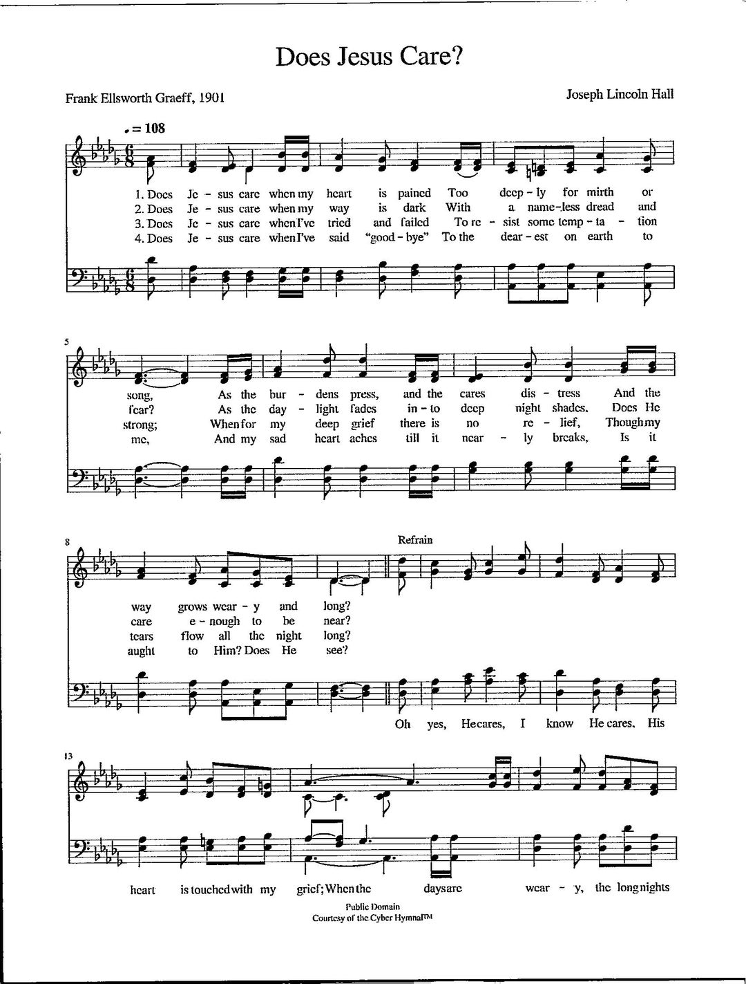 Does Jesus Care Digital Hymn Tune For Piano And Lyrics Key Of D Flat Etsy