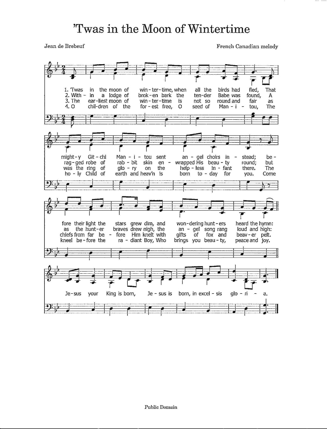 Twas in the Moon of Wintertime - Digital Printable Hymn Tune - Key of B ...