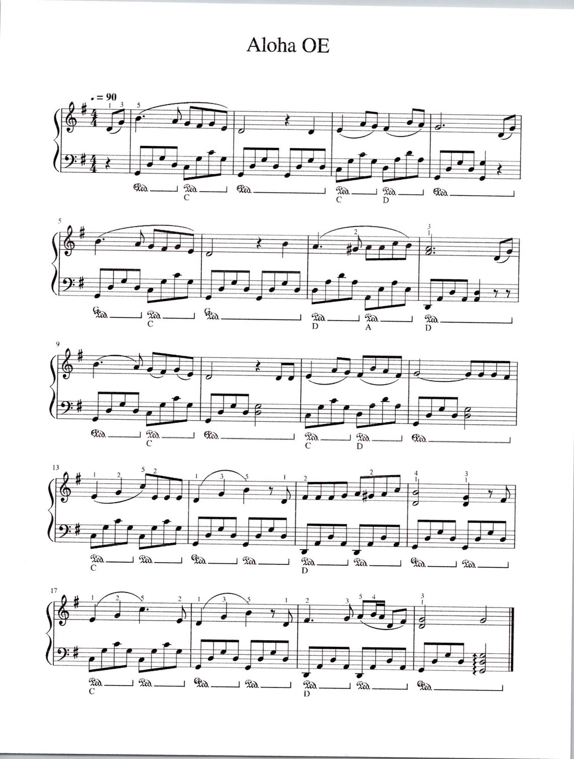 Aloha OE - Digital Piano Solo Sheet Music - Key of G - Intermediate ...