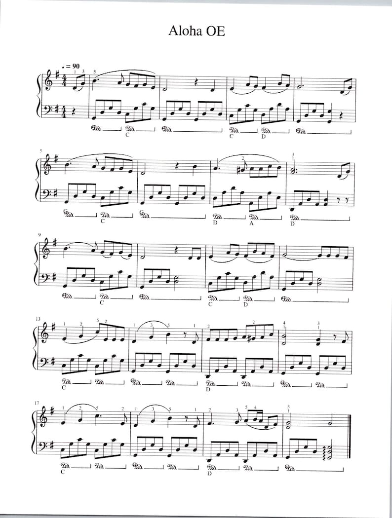 Aloha OE - Digital Piano Solo Sheet Music - Key of G - Intermediate ...