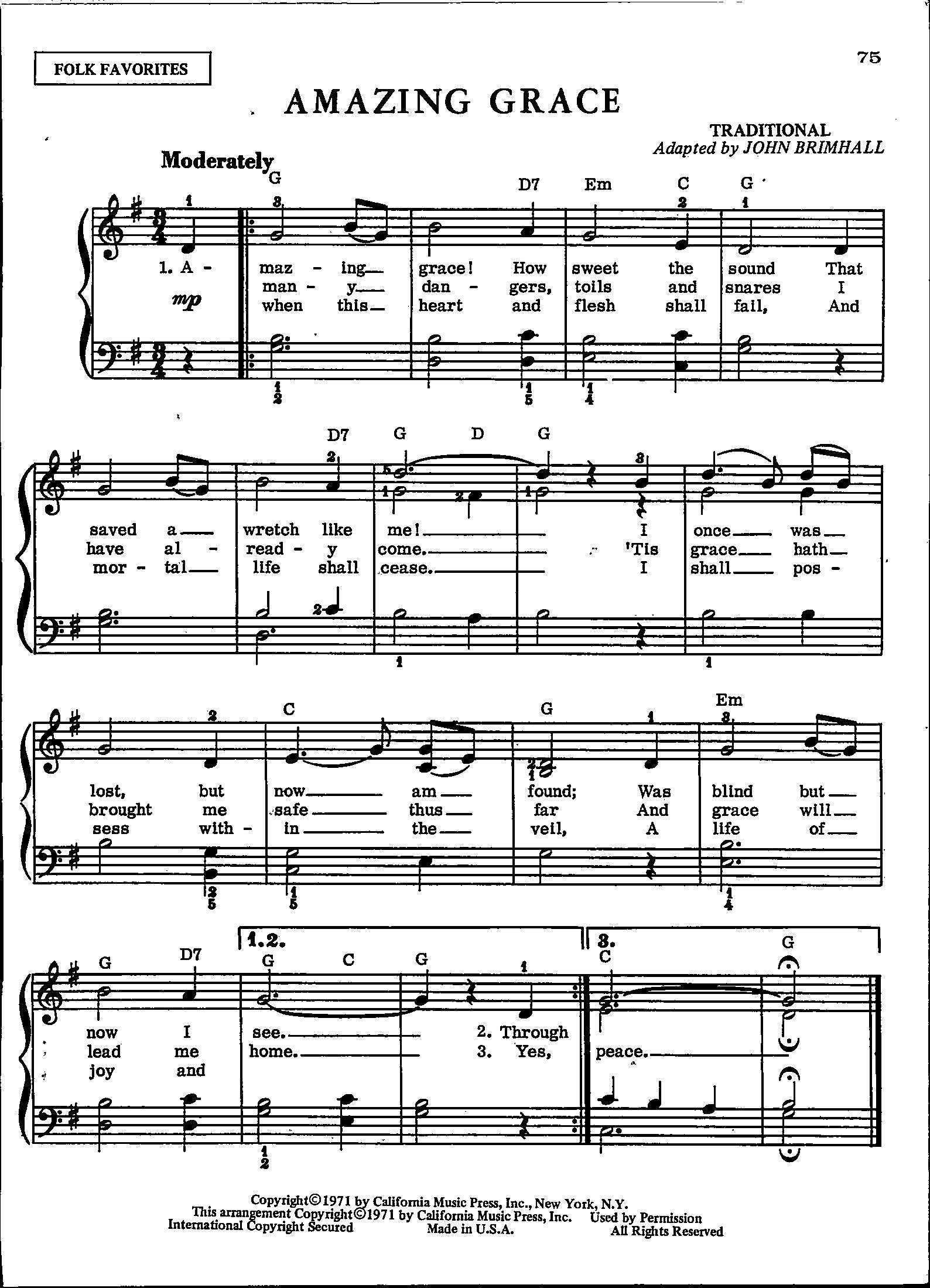 Amazing Grace - Digital Hymn Sheet Music for Piano Organ Guitar Voice ...