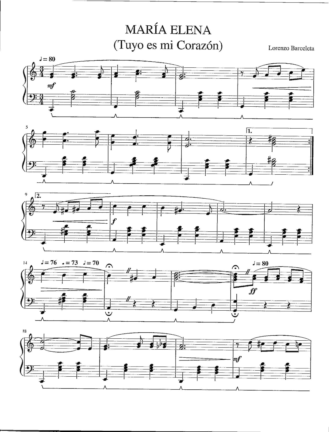Maria Elena - Digital Download Sheet Music Piano Solo - Key of C - Etsy
