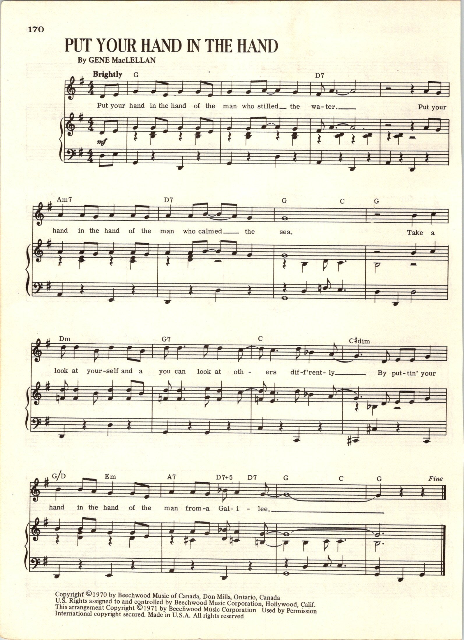 Put Your Hand in the Hand Hymn - Digital Sheet Music for Piano Vocal ...