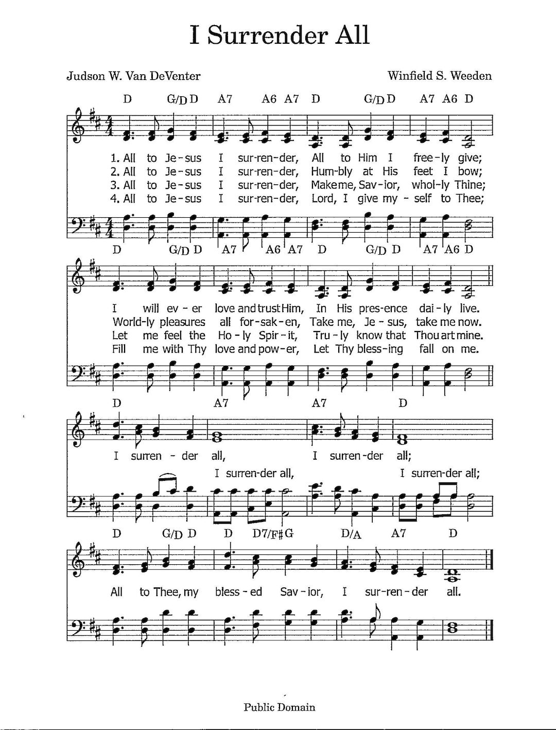 I Surrender All - Digital Printable Hymn Tune With Lyrics - Key of D - Etsy