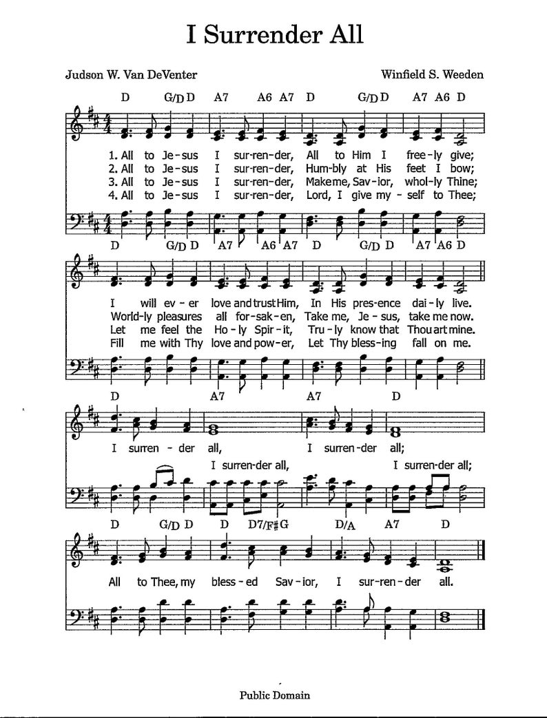 I Surrender All - Digital Printable Hymn Tune With Lyrics - Key of D - Etsy