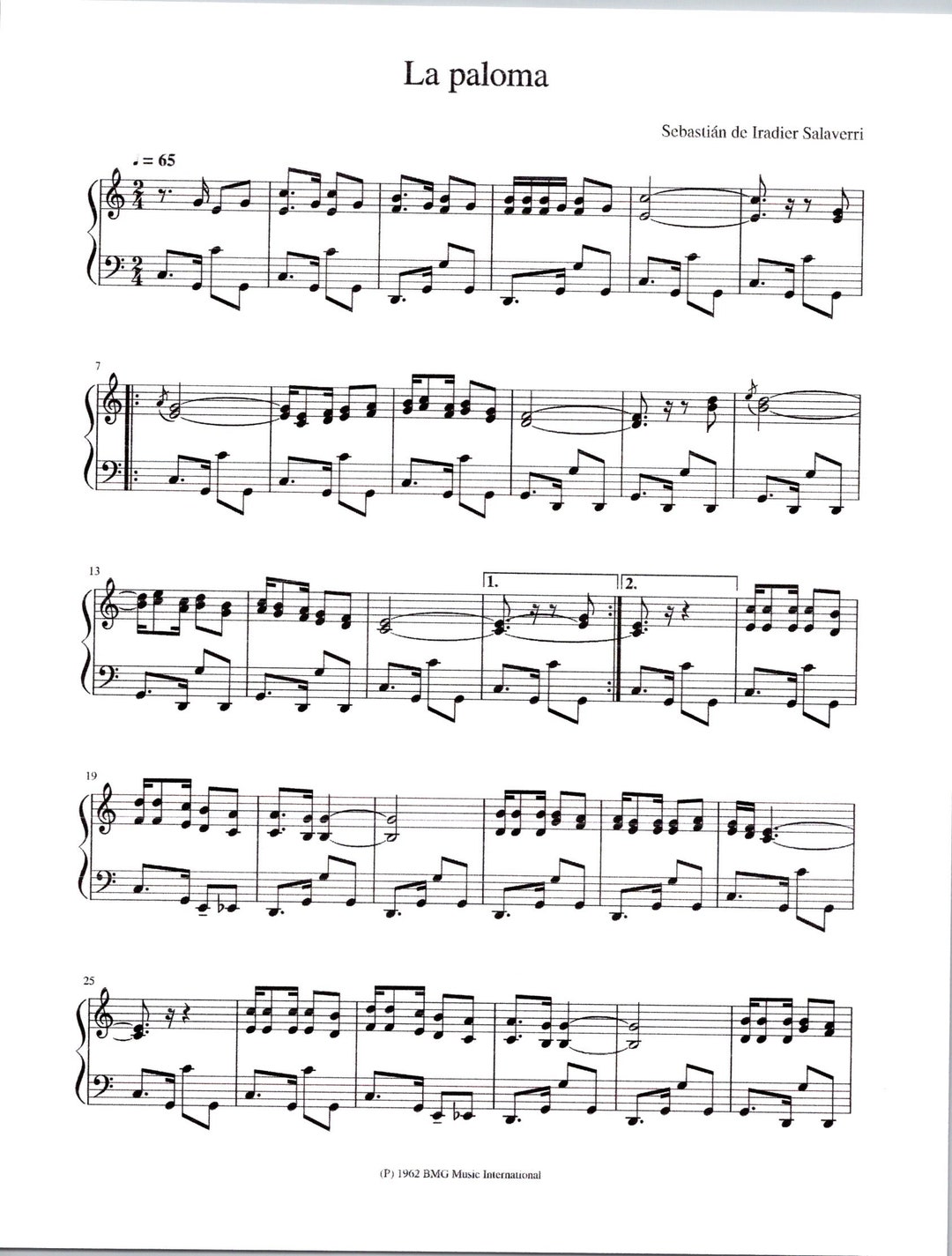 La Paloma - Digital Piano Solo Sheet Music - Intermediate Level - Etsy