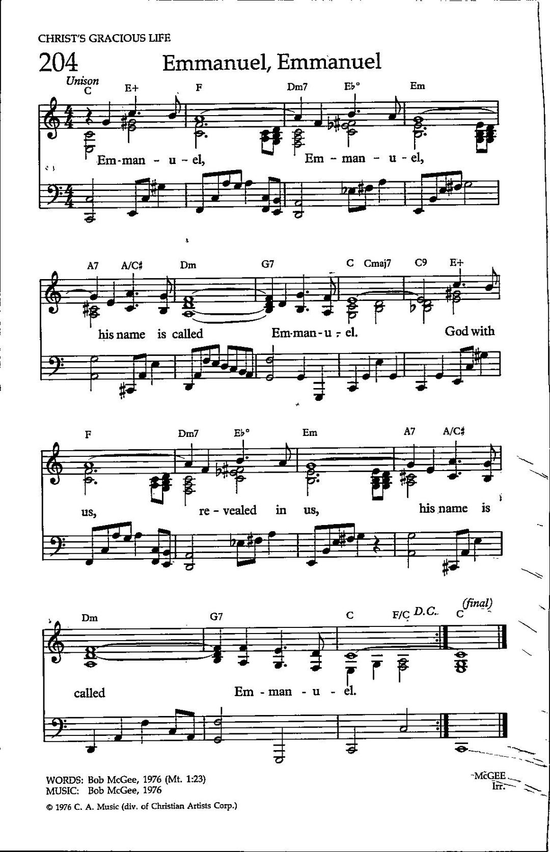 Emmanuel Emmanuel - Digital Hymn Sheet Music Key of C Intermediate ...