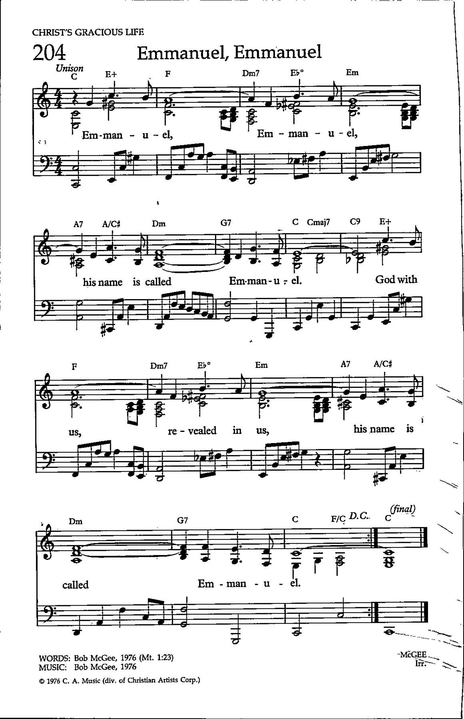 Emmanuel Emmanuel - Digital Hymn Sheet Music Key of C Intermediate ...