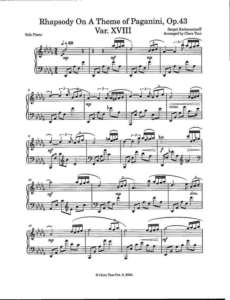 Rhapsody on a Theme of Paganini Op.43 Var. XVIII - Digital Solo Piano by Rachmaninoff - Etsy