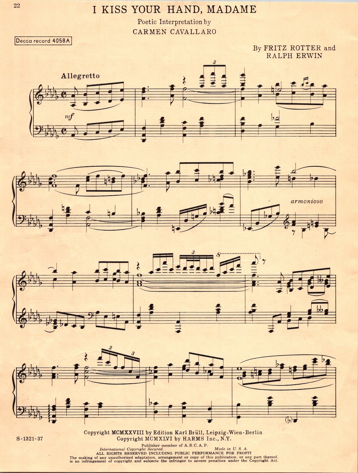 I Kiss Your Hand Madame (arr. by Carmen Cavallaro) Advanced Piano Solo ...