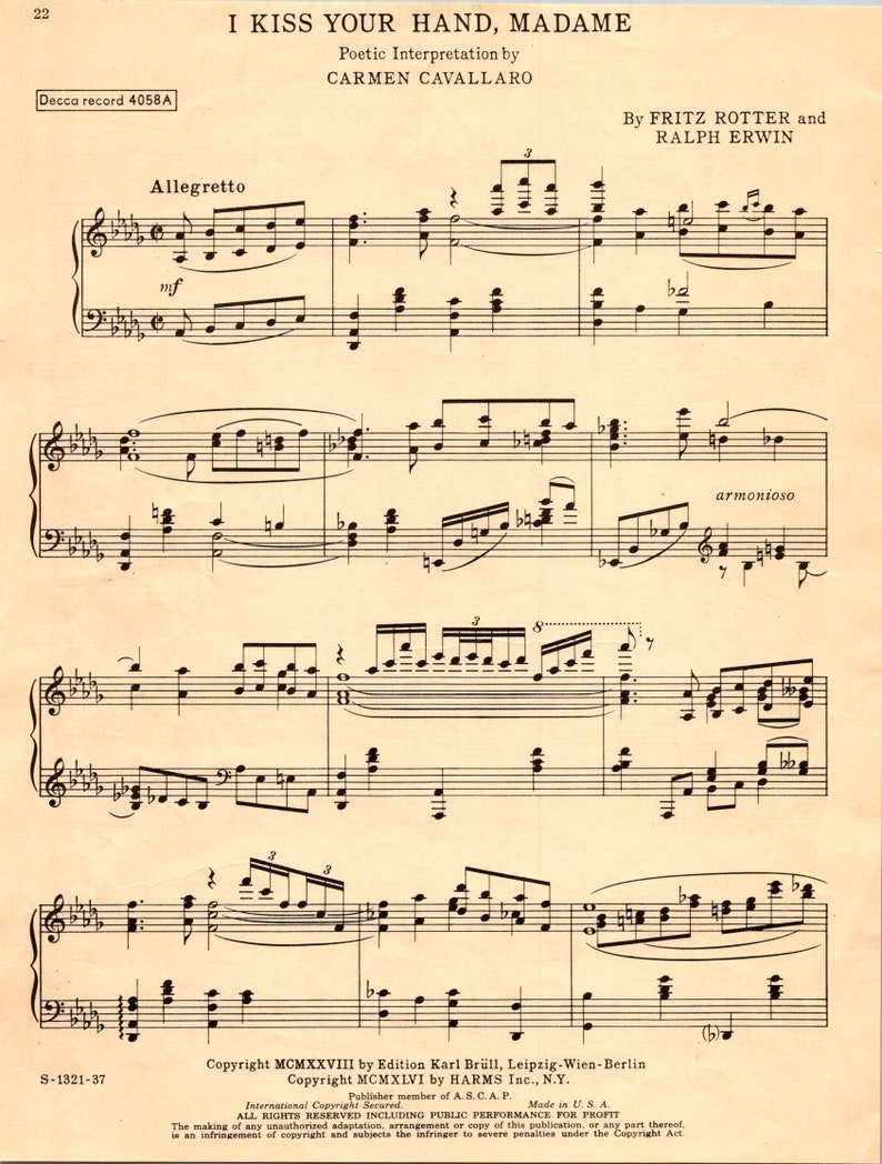 I Kiss Your Hand Madame (arr. by Carmen Cavallaro) Advanced Piano Solo ...