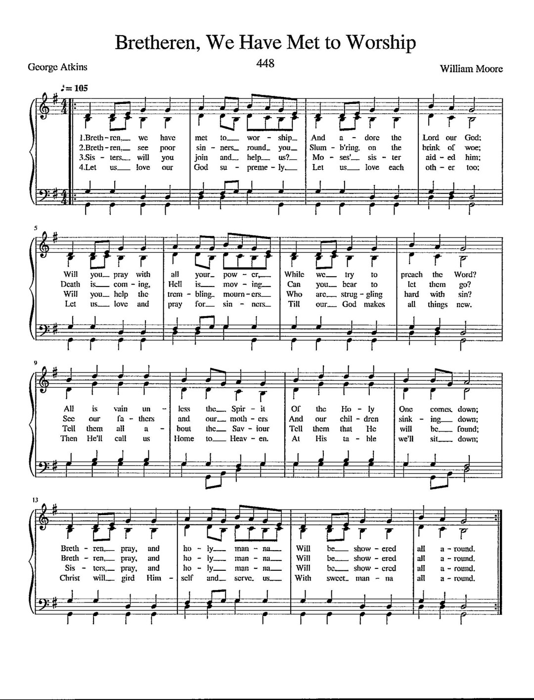 Brethren We Have Met to Worship - Digital Printable Hymn Tune for Piano ...