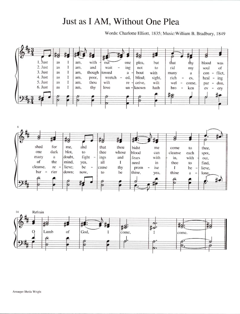 Just as I Am, Without One Plea - Digital Printable Hymn Tune - Key of D ...