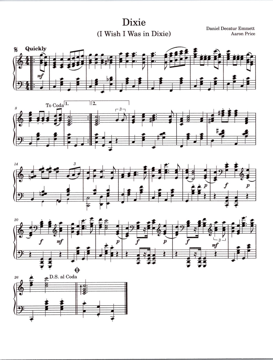 Dixie (I Wish I Was in Dixie) Piano Solo - Digital Sheet Music - Key of ...