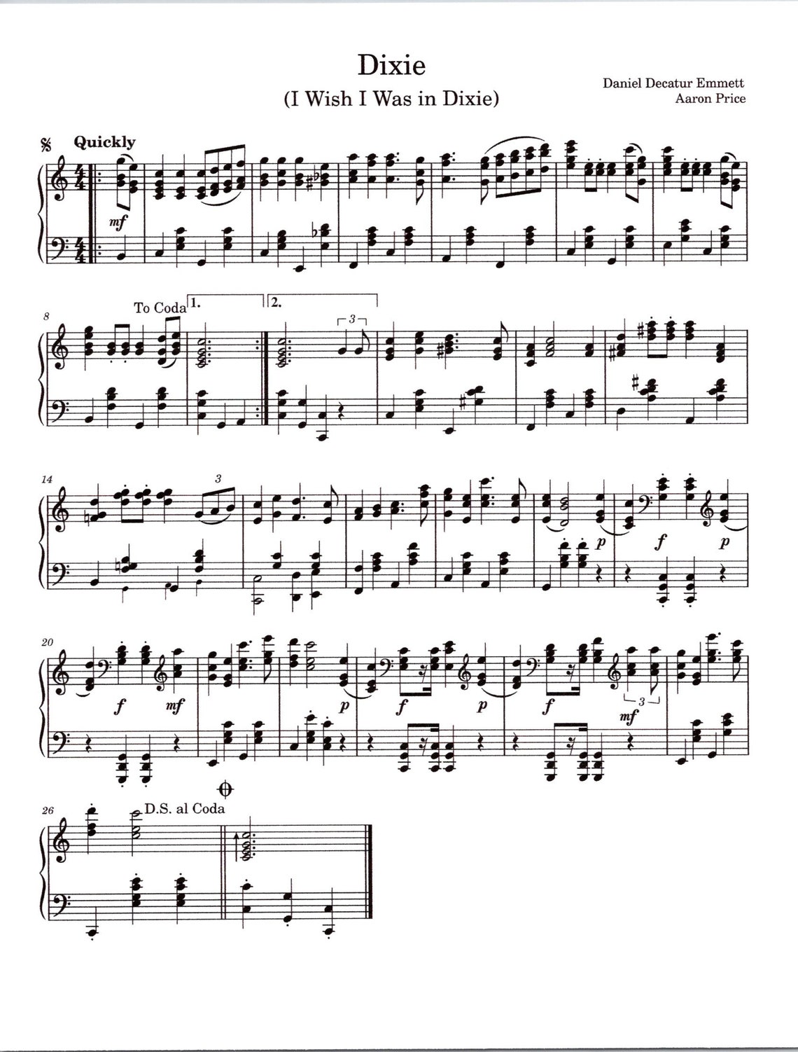Dixie (I Wish I Was in Dixie) Piano Solo - Digital Sheet Music - Key of ...