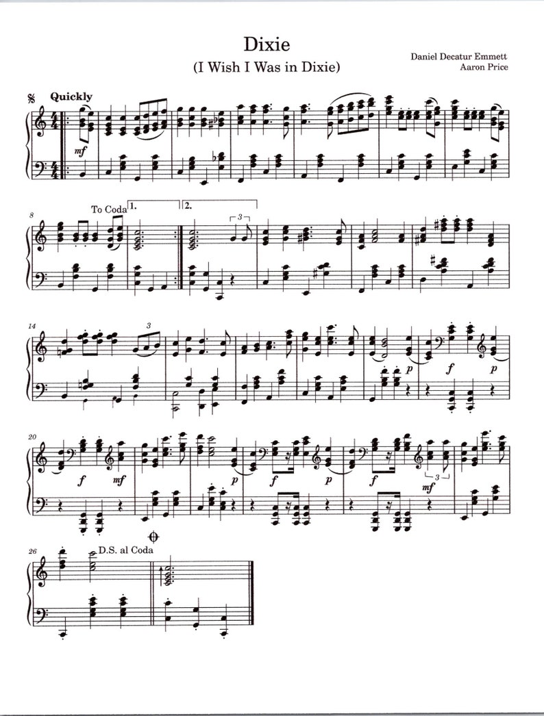 Dixie (I Wish I Was in Dixie) Piano Solo - Digital Sheet Music - Key of ...