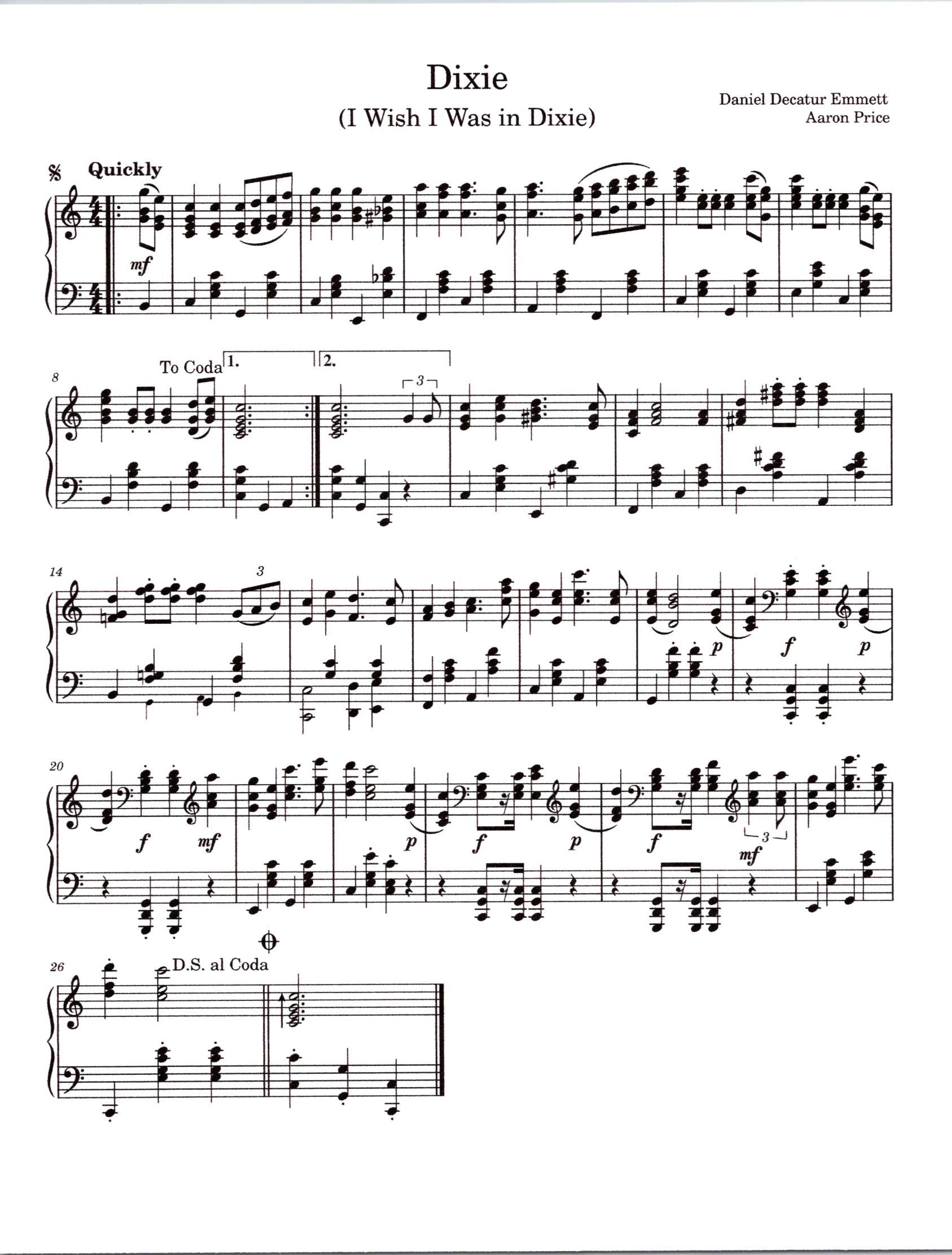 Dixie (I Wish I Was in Dixie) Piano Solo - Digital Sheet Music - Key of ...