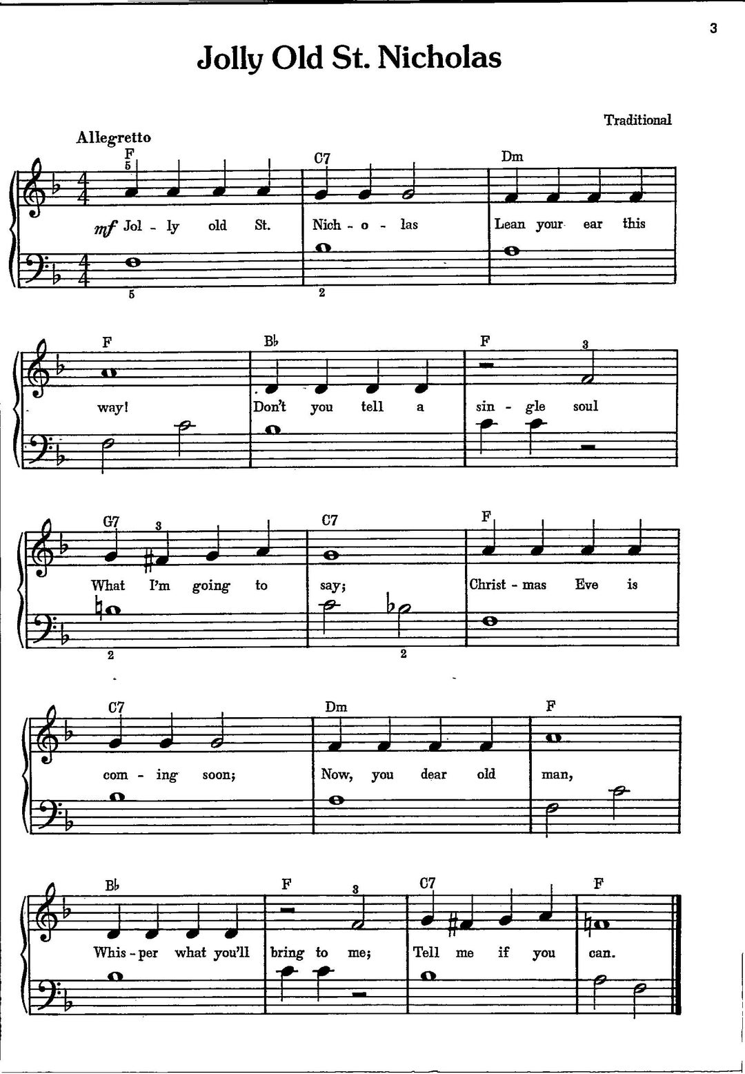 Jolly Old St Nicholas - Digital Piano Sheet Music - Beginner Level Key ...