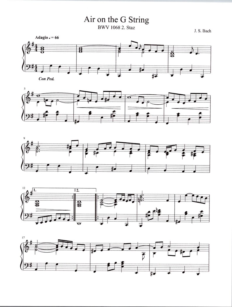 Air on the G String by J.s.bach - Digital Sheet Music - Key of G - Etsy