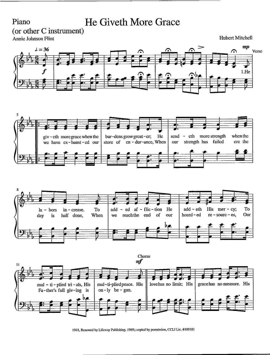 He Giveth More Grace - Digital Hymn Tune for Piano With Lyrics - Key of ...