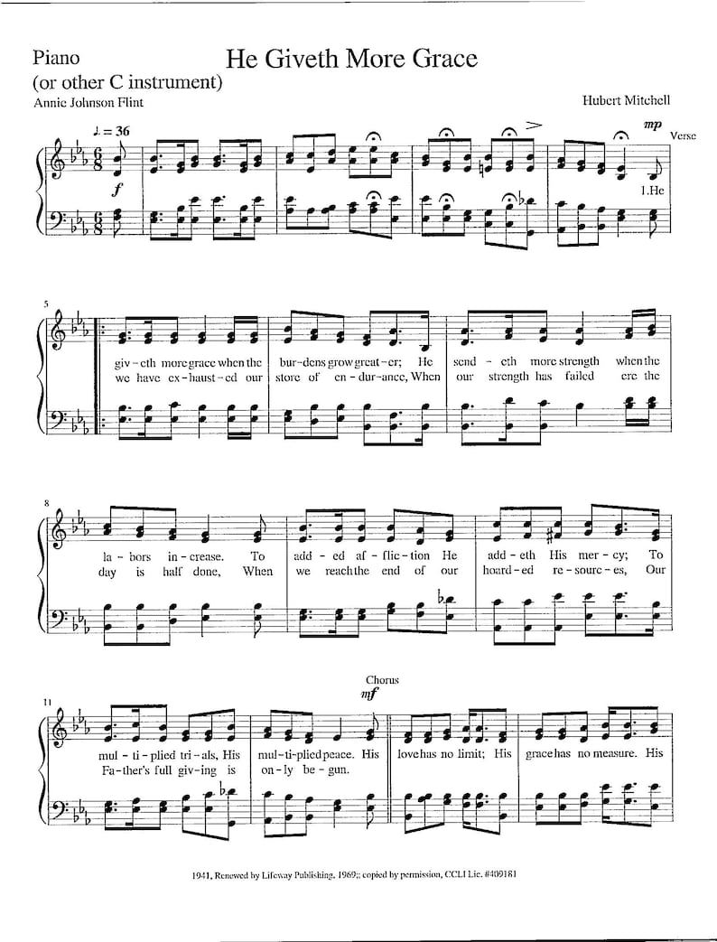 He Giveth More Grace - Digital Hymn Tune for Piano With Lyrics - Key of ...