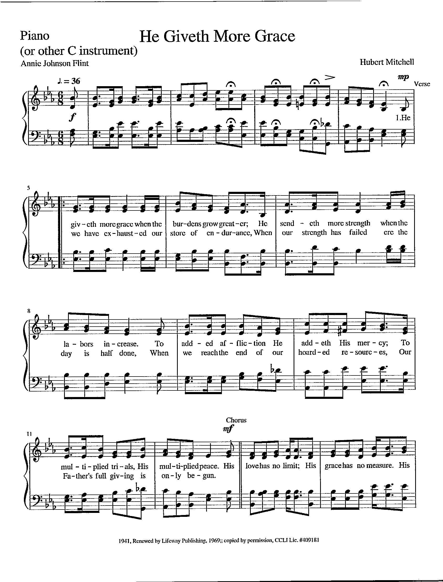 He Giveth More Grace - Digital Hymn Tune for Piano With Lyrics - Key of ...