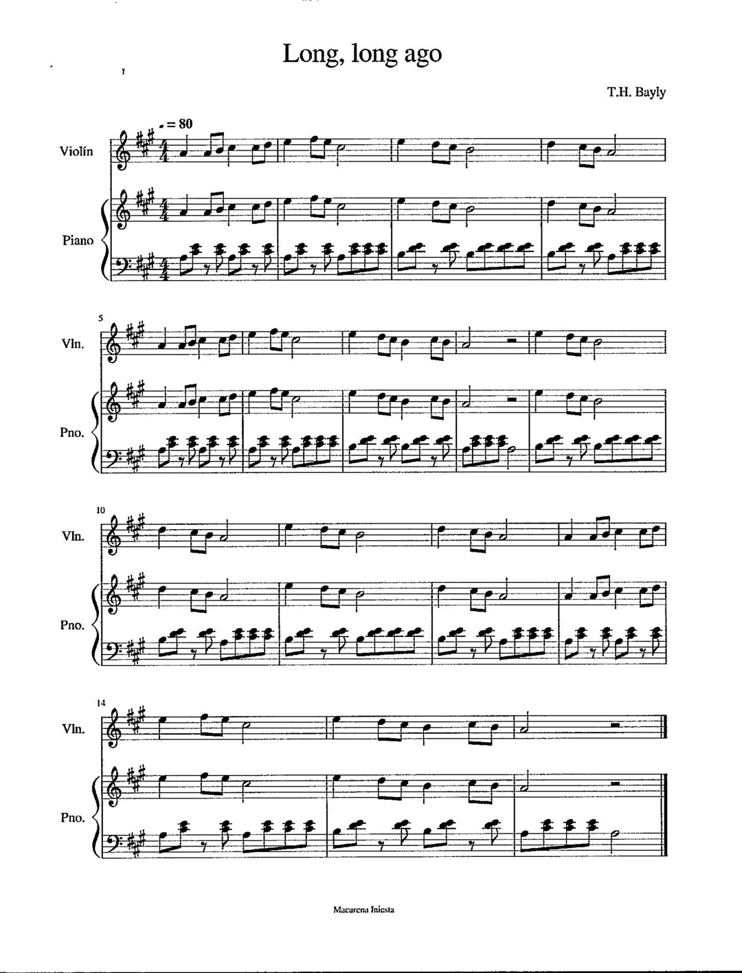 Violin and Piano - Long, Long Ago - Digital Download Sheet Music - Key ...