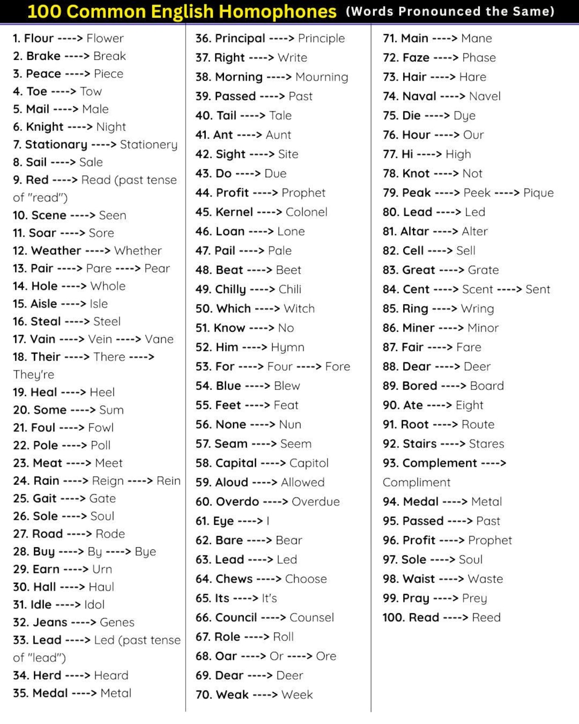 100 Common English Homophones Printable - 11" X 8.5" - Etsy