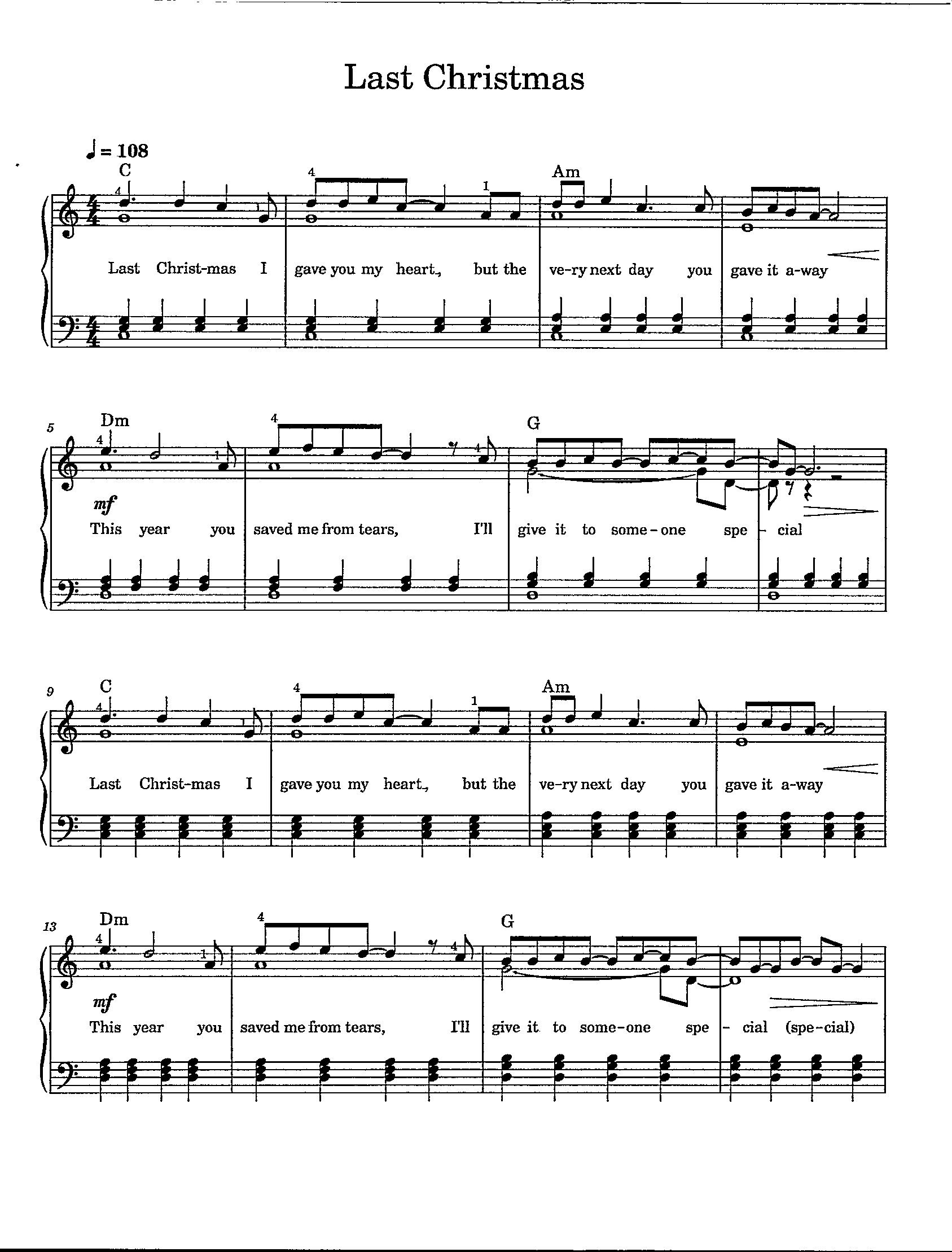 Last Christmas - Digital Download Christmas Piano With Lyrics - Key of ...