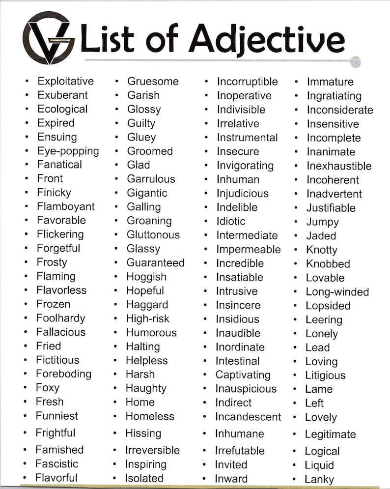 List of Adjectives for Students and Teachers Intermediate Thru Advanced ...