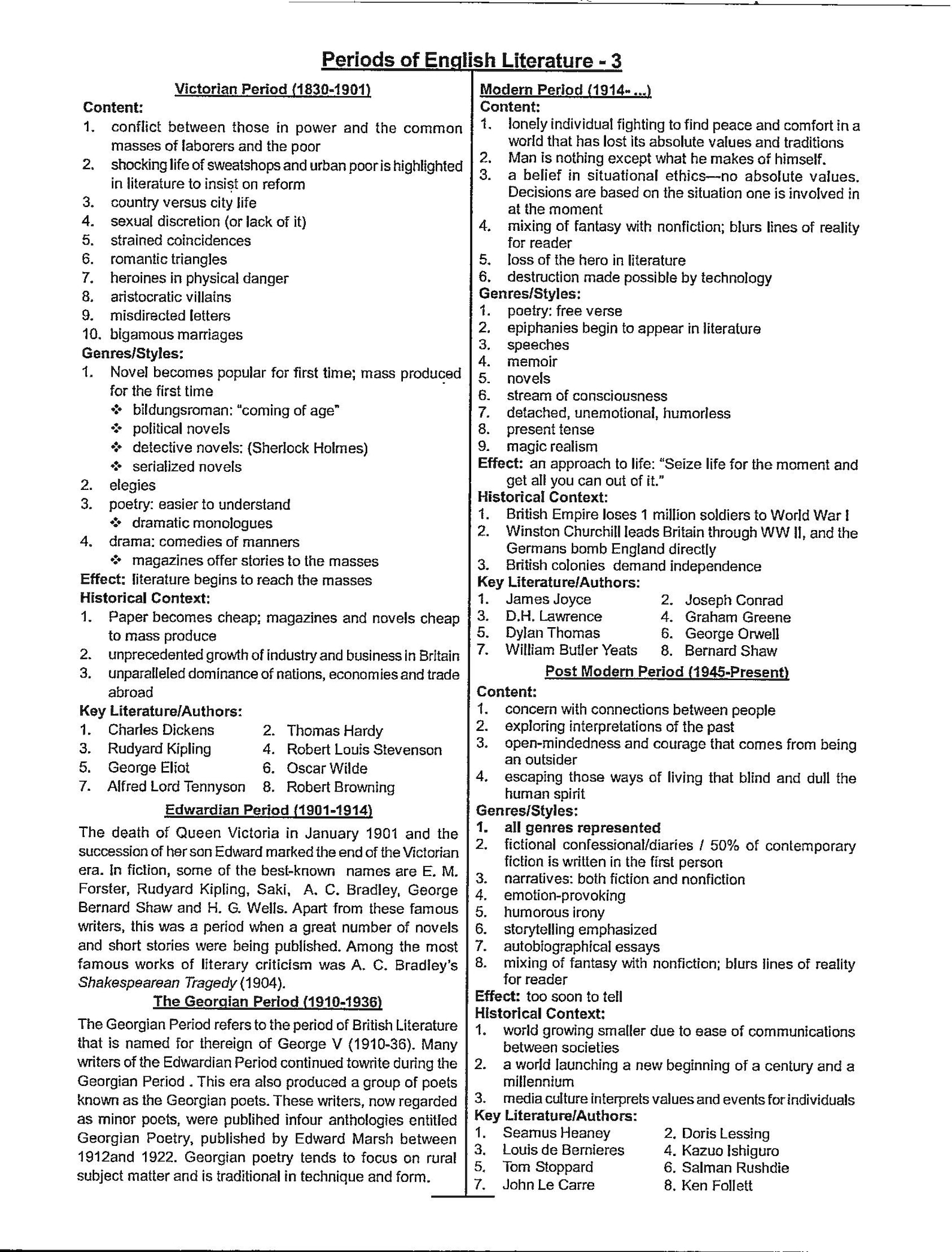 Periods of English Literature Outline - Digital Download Historical ...